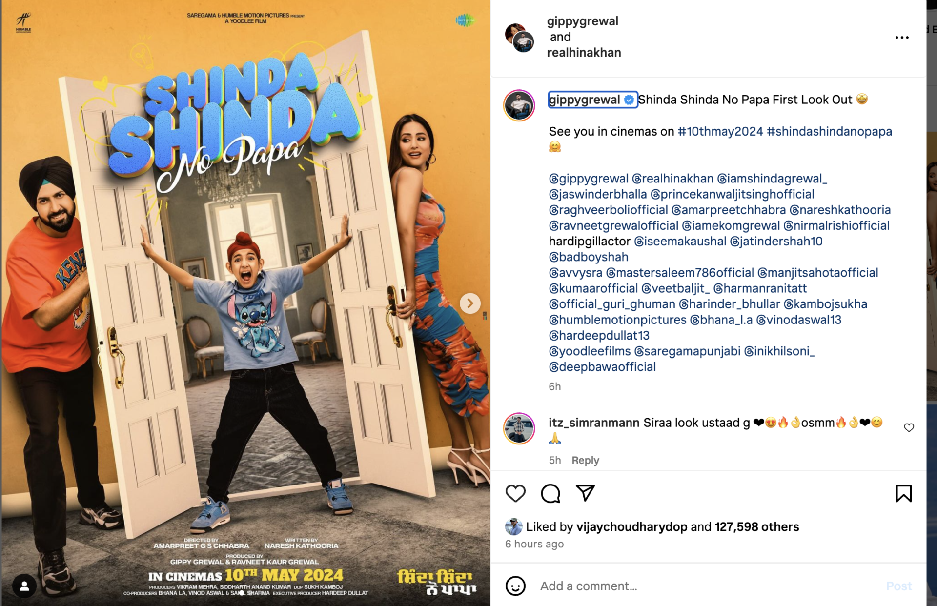 Gippy Grewal, Hina Khan unveil first look poster of 'Shinda Shinda No Papa'